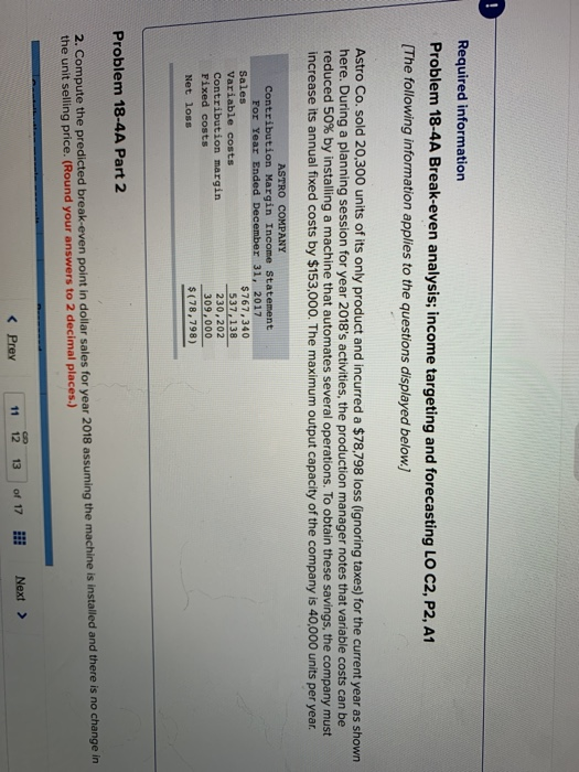 Solved Required information Problem 18-4A Break-even | Chegg.com