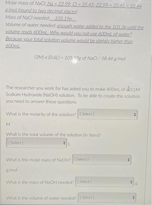 Solved Molar mass of NaCl: Na = 22.99. Cl = 35.45: 22.99 + | Chegg.com
