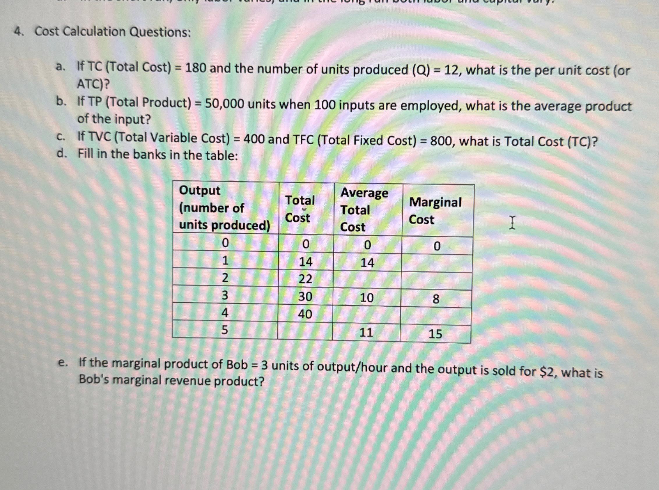 Solved Cost Calculation Questions:a. ﻿If TC (Total | Chegg.com