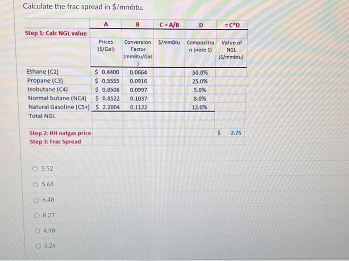Solved Calculate the frac spread in $/mmbtu. 5.52 5.68 6.48 | Chegg.com