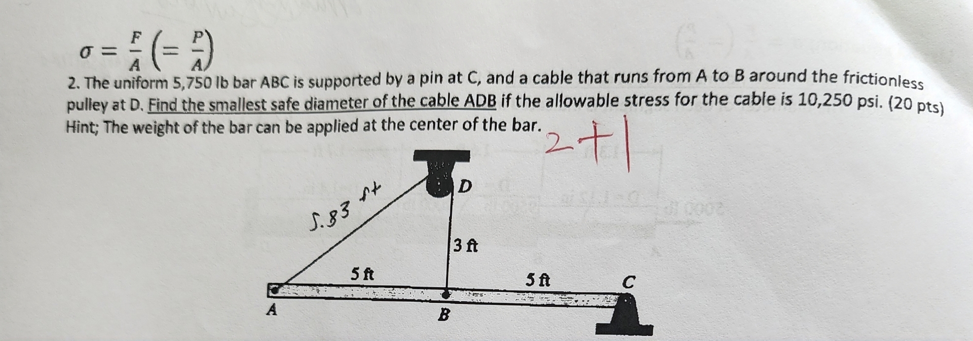 Solved )=(PAThe uniform 5,750lb ﻿bar ABC is supported by a | Chegg.com