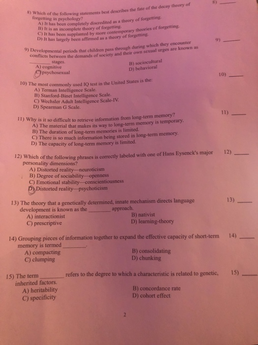 Solved 8) Which of the followin forgetting in psychology? of | Chegg.com