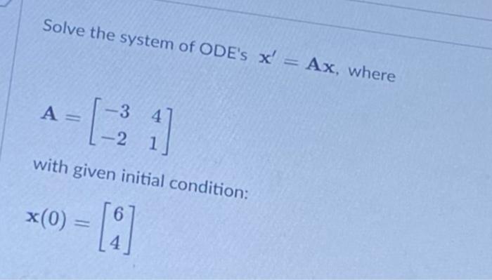 Solved Solve the system of ODE's x′=Ax, where A=[−3−241] | Chegg.com