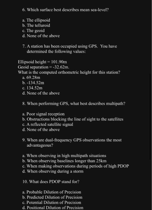 Solved 6. Which surface best describes mean sea-level? a. | Chegg.com
