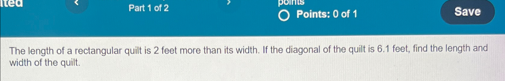 Solved Part 1 ﻿of 2Points: 0 ﻿of 1SaveThe length of a | Chegg.com