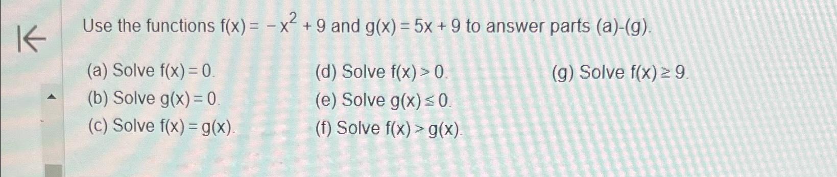 Solved Use the functions f(x)=-x2+9 ﻿and g(x)=5x+9 ﻿to | Chegg.com