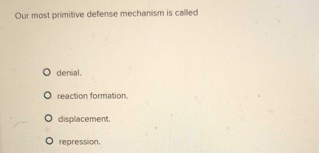 Solved Our most primitive defense mechanism is | Chegg.com