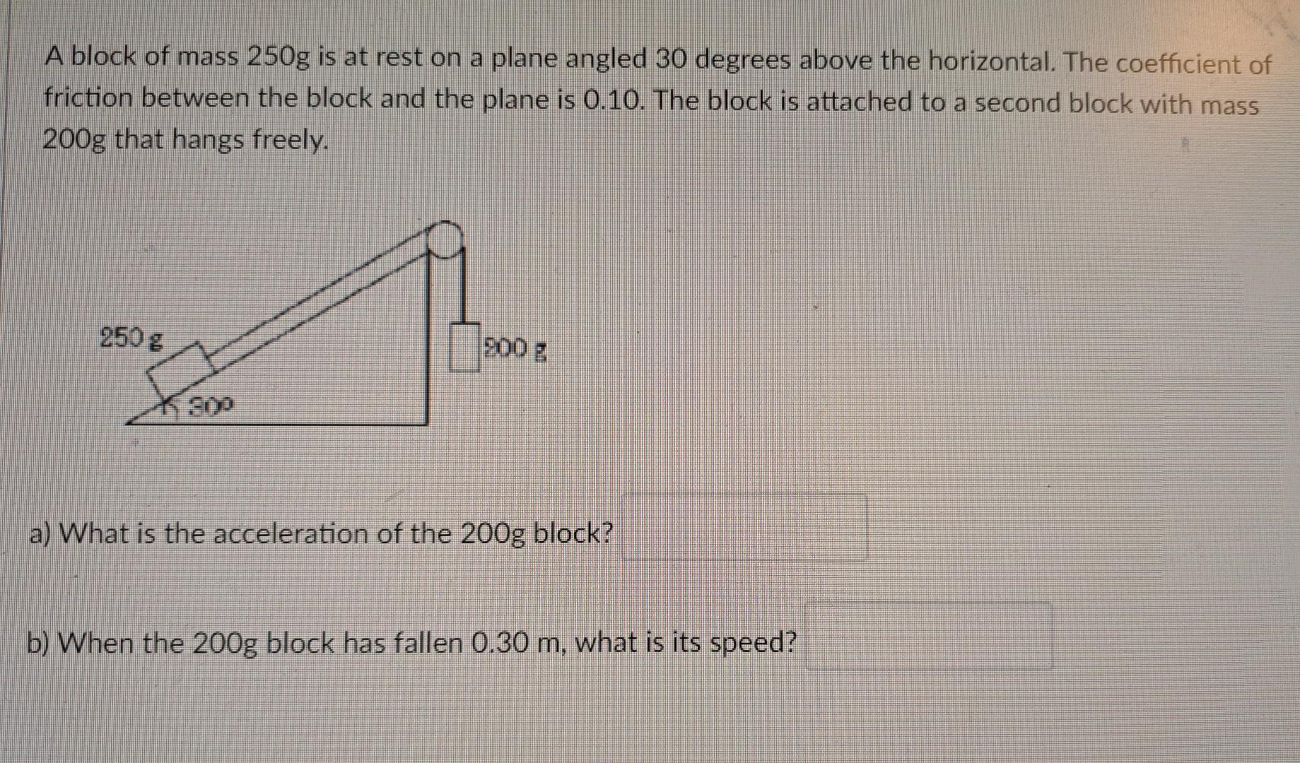 A block of mass 250 g is at rest on a plane angled 30 | Chegg.com