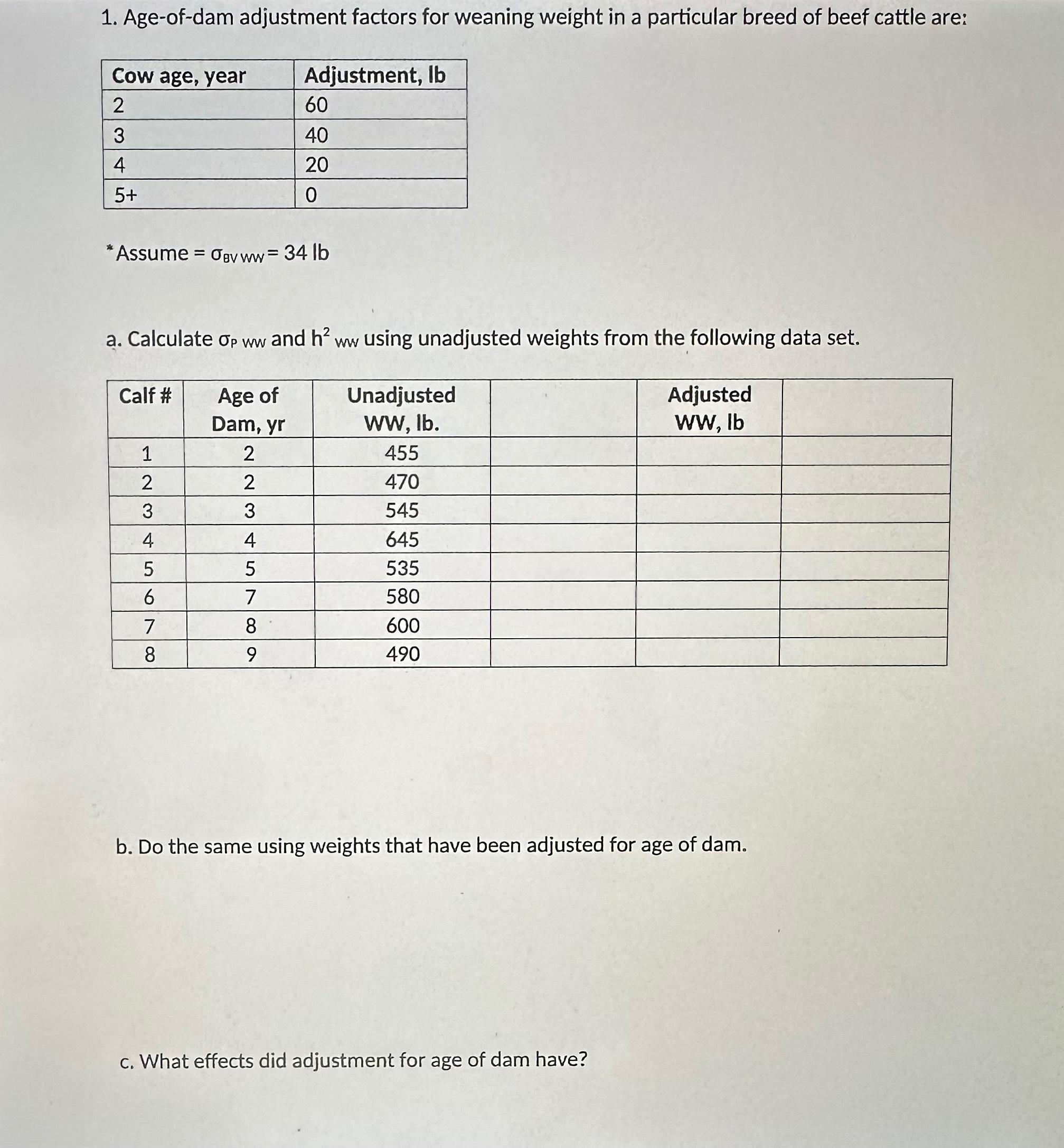 Age-of-dam adjustment factors for weaning weight in a | Chegg.com