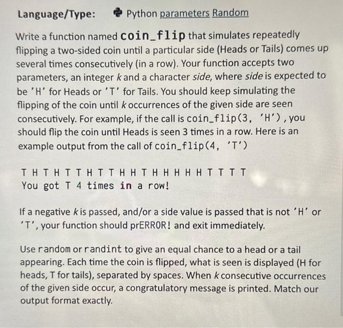 Solved Language/Type: ?े Python parameters Random Write a | Chegg.com