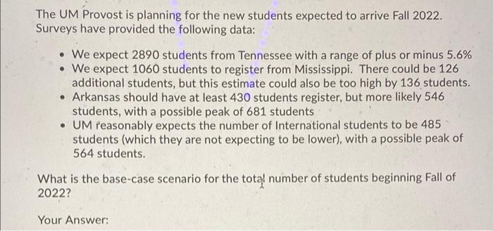 Solved The UM Provost is planning for the new students | Chegg.com