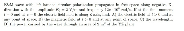 Solved E&M wave with left handed circular polarization | Chegg.com