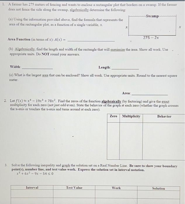 Solved A farmer has 275 meters of fencing and wants to | Chegg.com