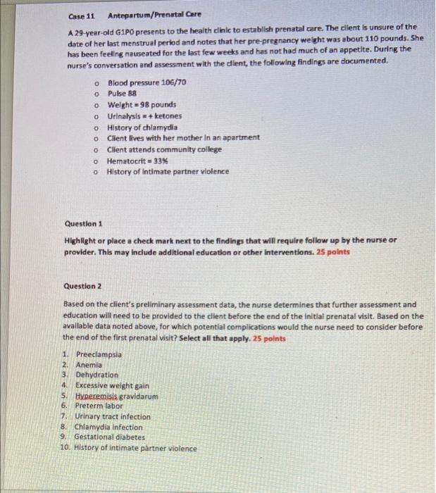Solved Case 11 Antepartum/Prenatal Care A 29-year-old G1PO | Chegg.com
