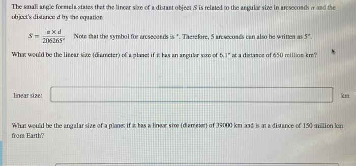 Solved The small angle formula states that the linear size | Chegg.com