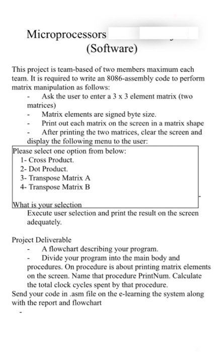 Microprocessors (Software) This project is team-based | Chegg.com