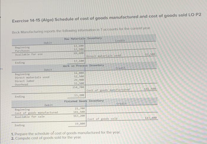 Solved Exercise 14-15 (Algo) Schedule of cost of goods | Chegg.com