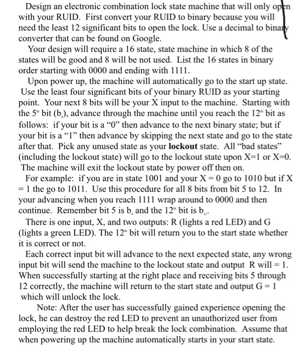 Design an electronic combination lock state machine | Chegg.com