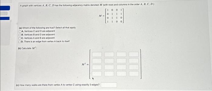 Solved A graph with vertices A, B, C, D has the following | Chegg.com