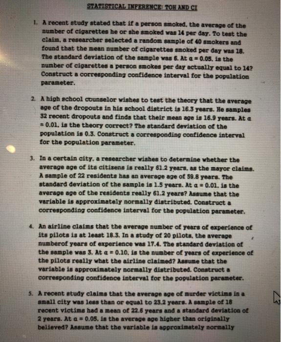 Solved STATISTICAL INFERENCE: TOH AND CI 1. A recent study | Chegg.com