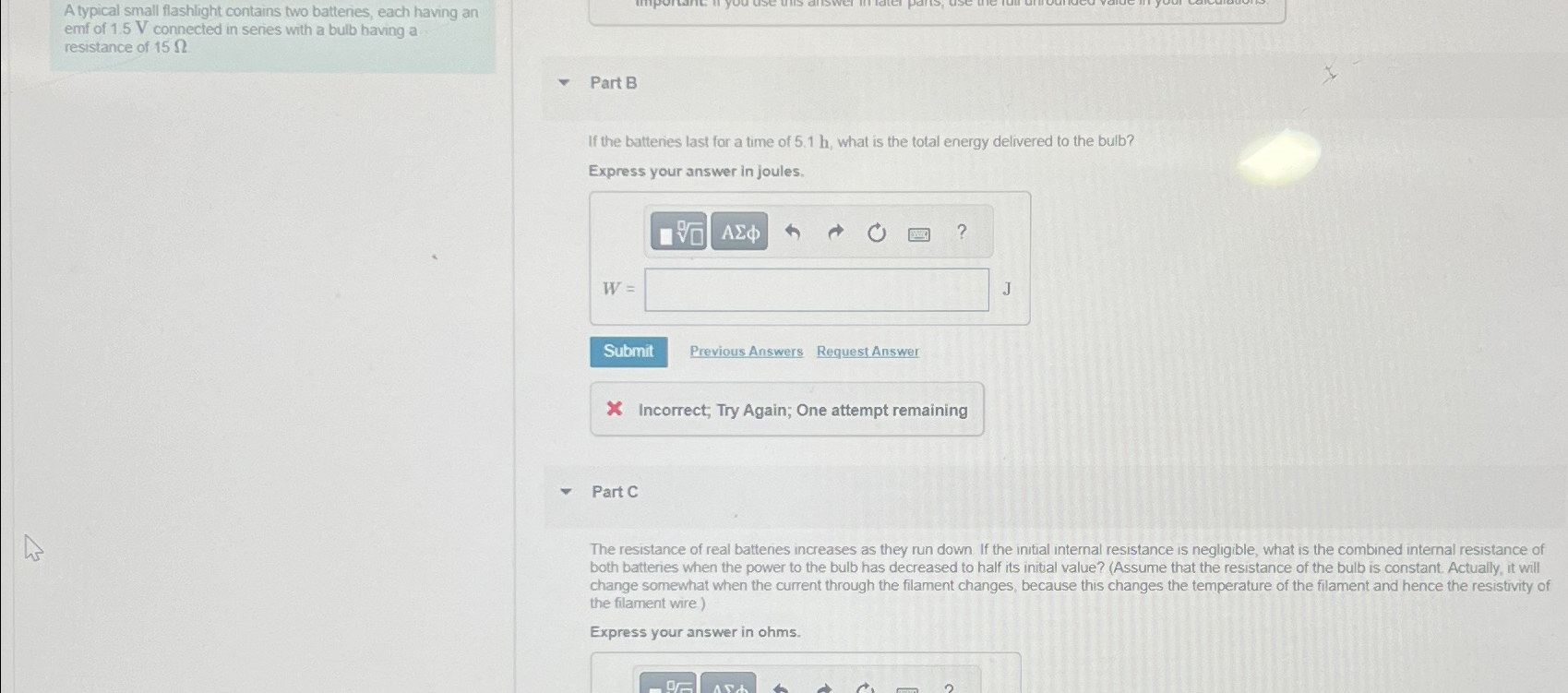 Solved A typical small flashlight contains two batteries, | Chegg.com