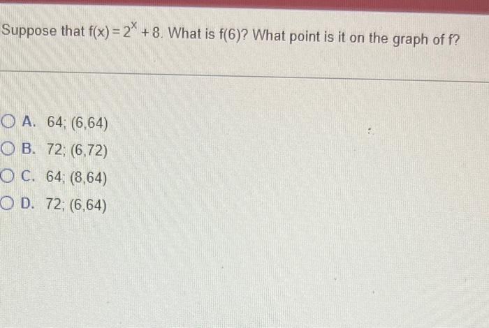 Solved Suppose that f(x)=2x+8. What is f(6) ? What point is | Chegg.com