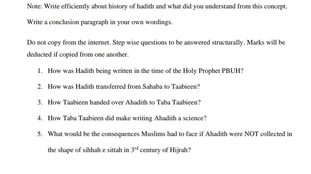 Note: Write efficiently about history of hadith and | Chegg.com