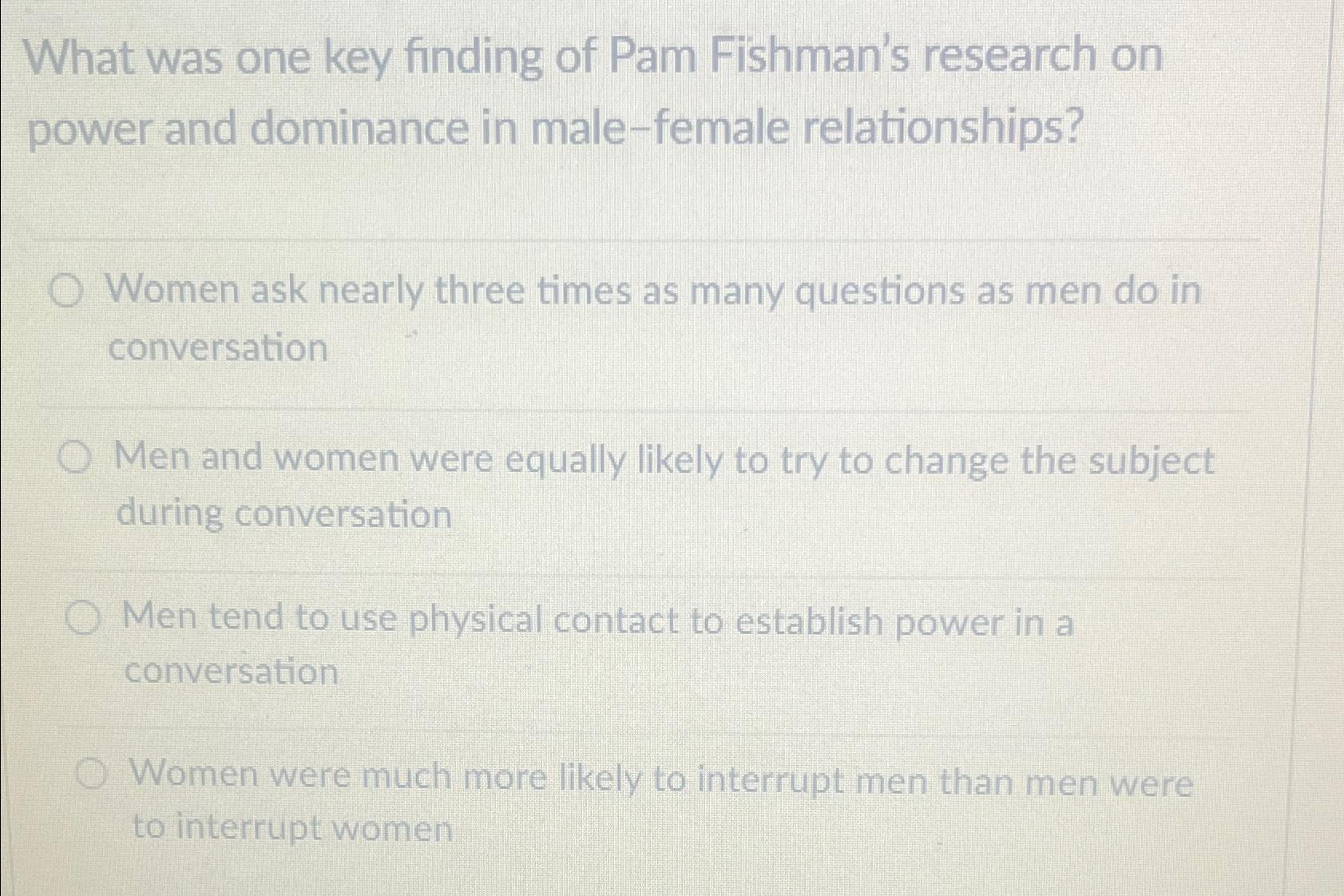 Solved What was one key finding of Pam Fishman's research on | Chegg.com