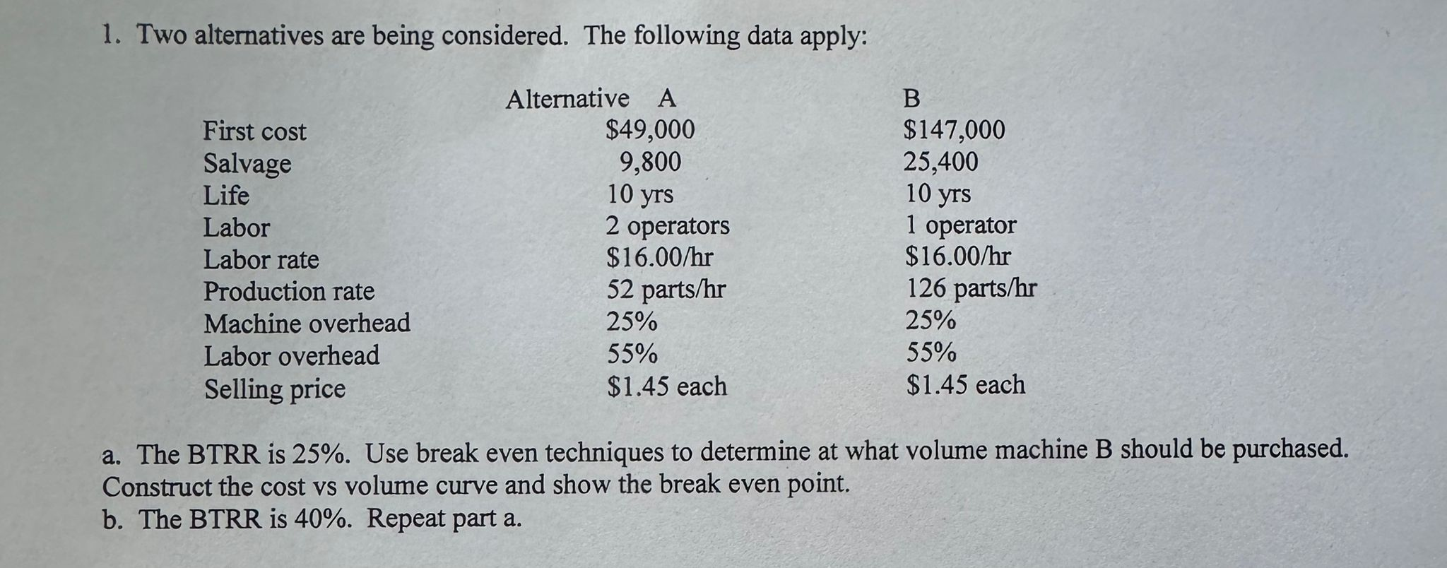 Solved Two alternatives are being considered. The following | Chegg.com