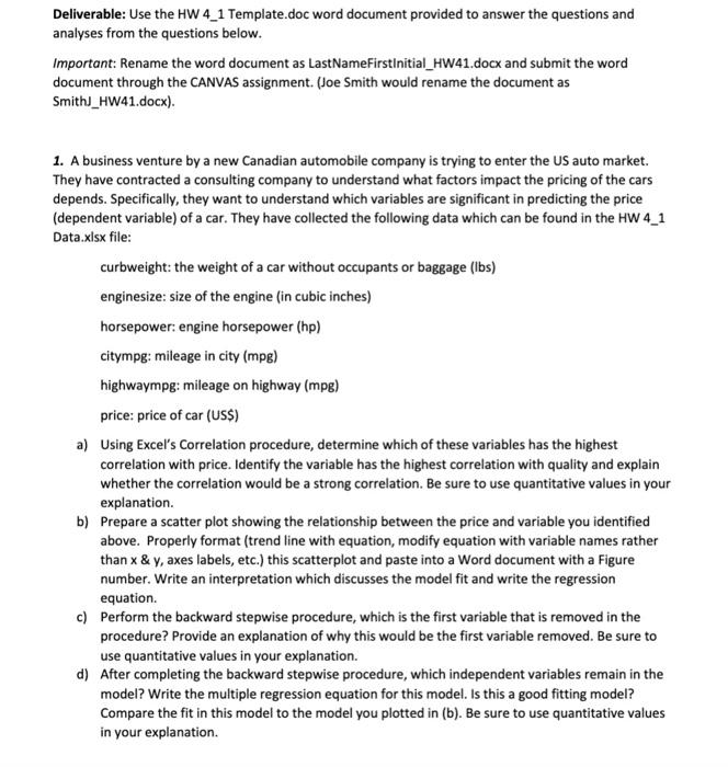 Deliverable: Use the HW 4_1 Template.doc word | Chegg.com