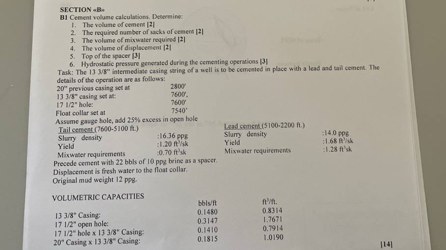 Solved SECTION (B)B1 ﻿Cement volume calculations. | Chegg.com