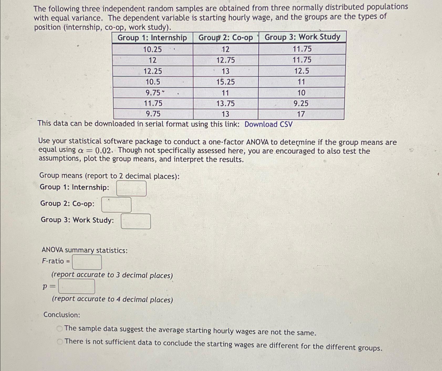 Solved The following three independent random samples are | Chegg.com