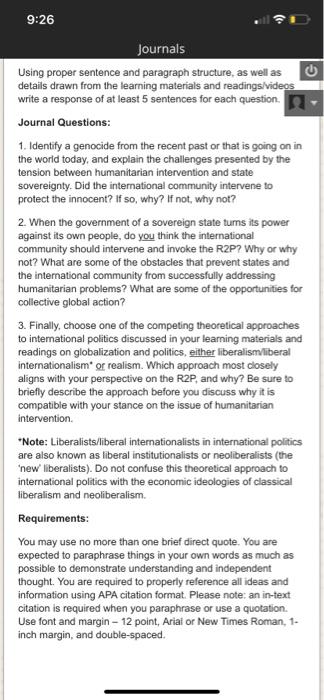 9:26 C Journals Using proper sentence and paragraph | Chegg.com