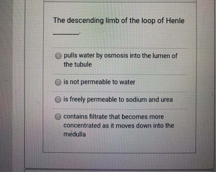 Solved The descending limb of the loop of Henle pulls water | Chegg.com