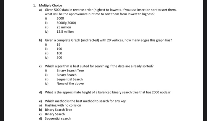 Solved 1. Multiple Choice a) Given 5000 data in reverse | Chegg.com