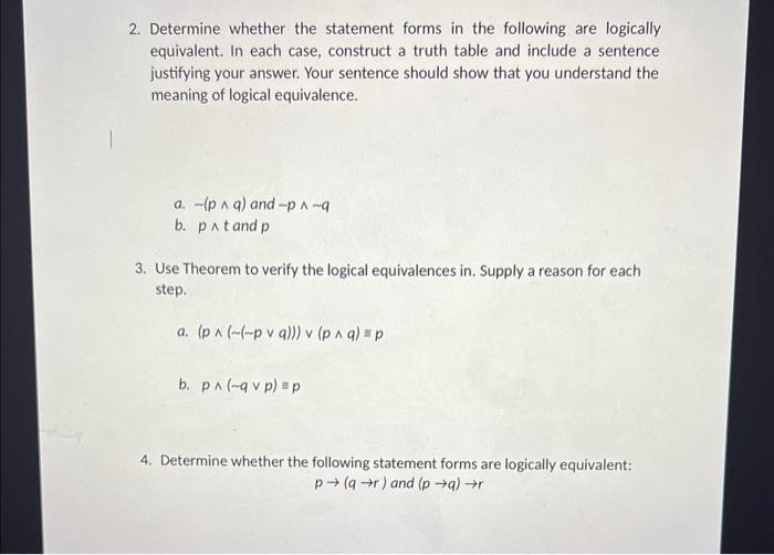 Solved 2. Determine whether the statement forms in the | Chegg.com