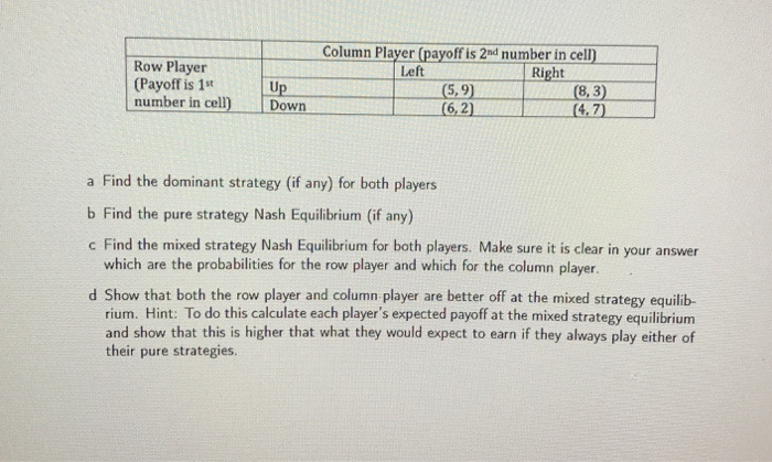 Solved Row Player (Payoff is 13 number in cell Column Player | Chegg.com
