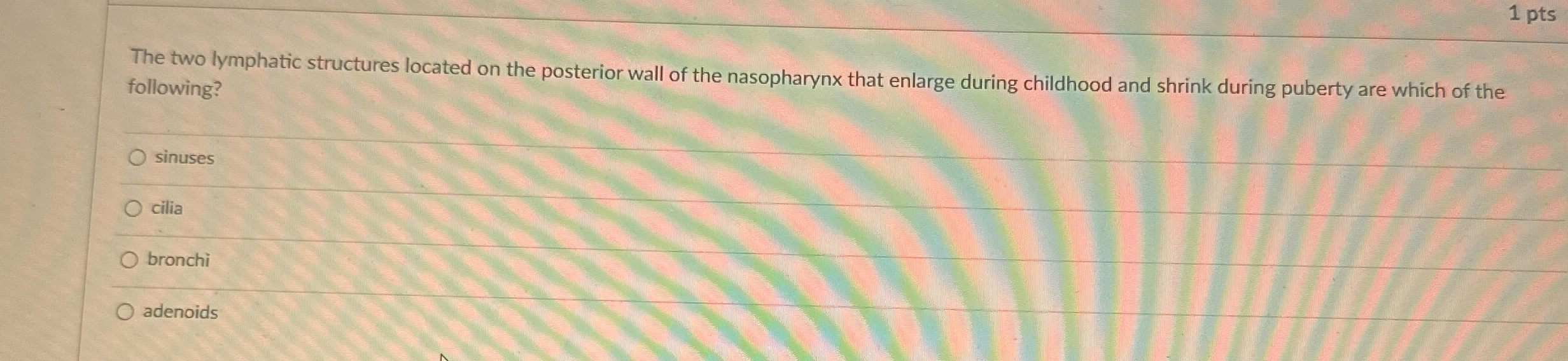 Solved 1 ﻿ptsThe two lymphatic structures located on the | Chegg.com