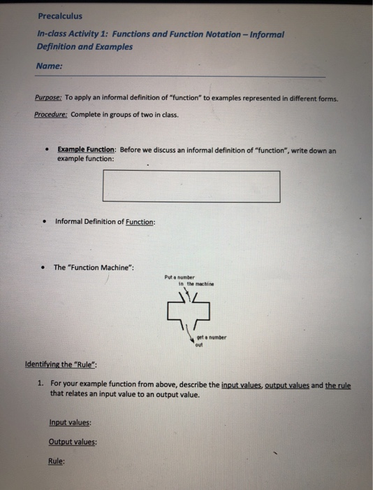 Precalculus In-class Activity 1: Functions and | Chegg.com
