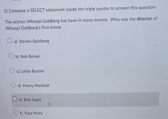 Solved 2) Compose a SELECT statement inside the triple | Chegg.com