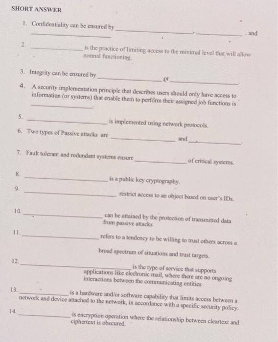 Solved SHORT ANSWER 1. Confidentiality can be ensured by and | Chegg.com