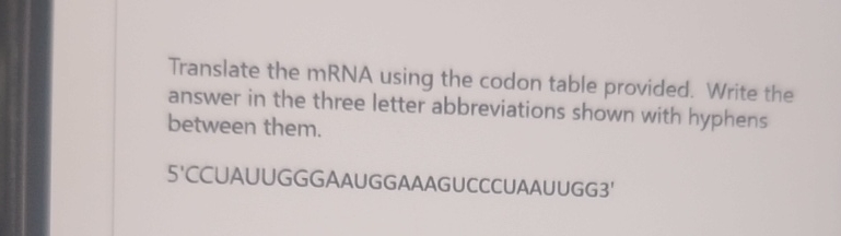 Solved Translate the mRNA using the codon table provided. | Chegg.com