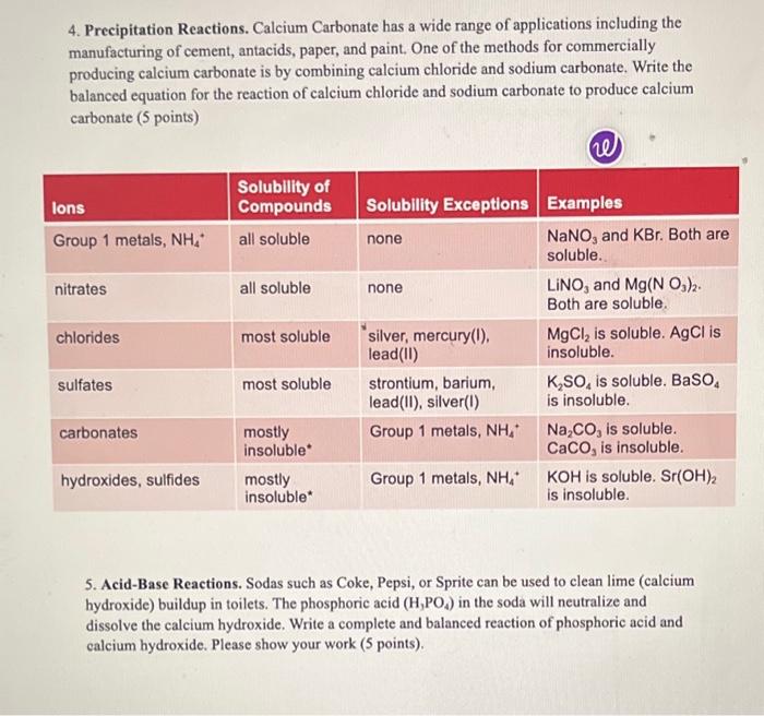 Solved 4. Precipitation Reactions. Calcium Carbonate has a | Chegg.com