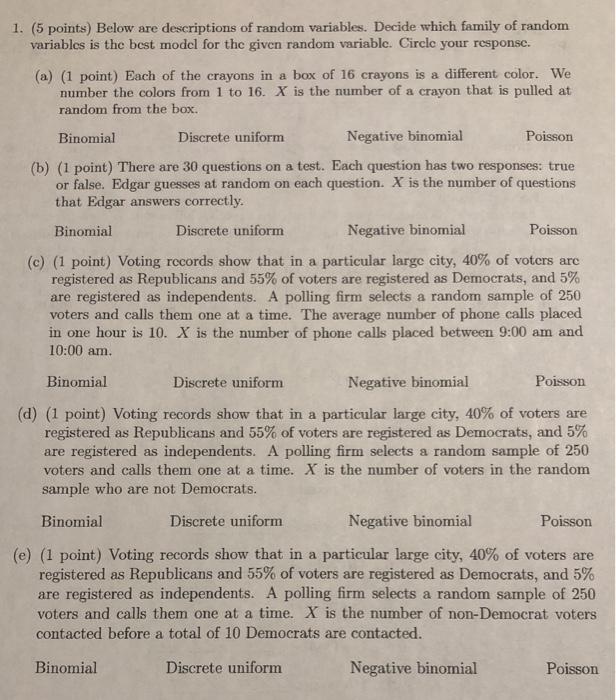 Solved 1. (5 points) Below are descriptions of random | Chegg.com