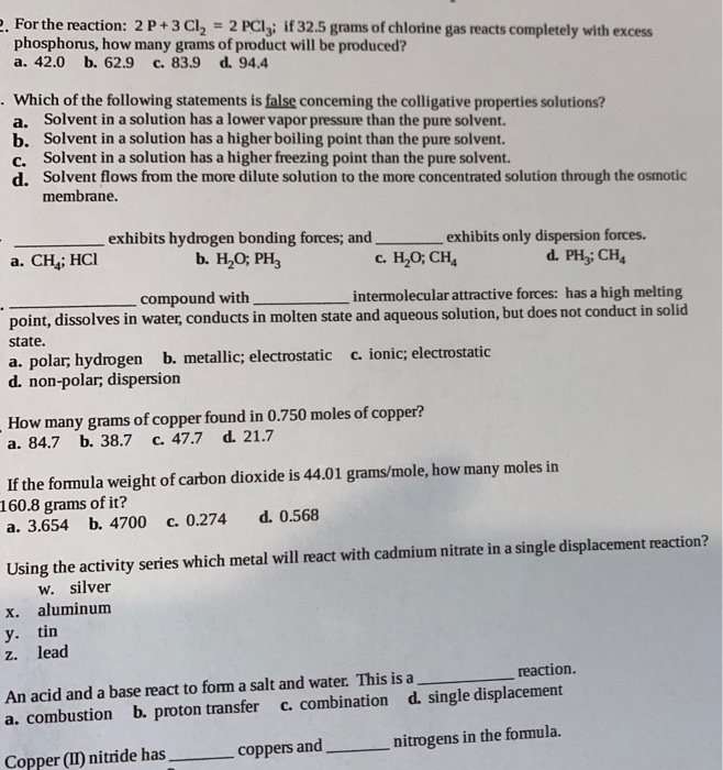 Solved 2. For the reaction: 2P+ 3Cl2 = 2 PCIy; if 32.5 grams | Chegg.com