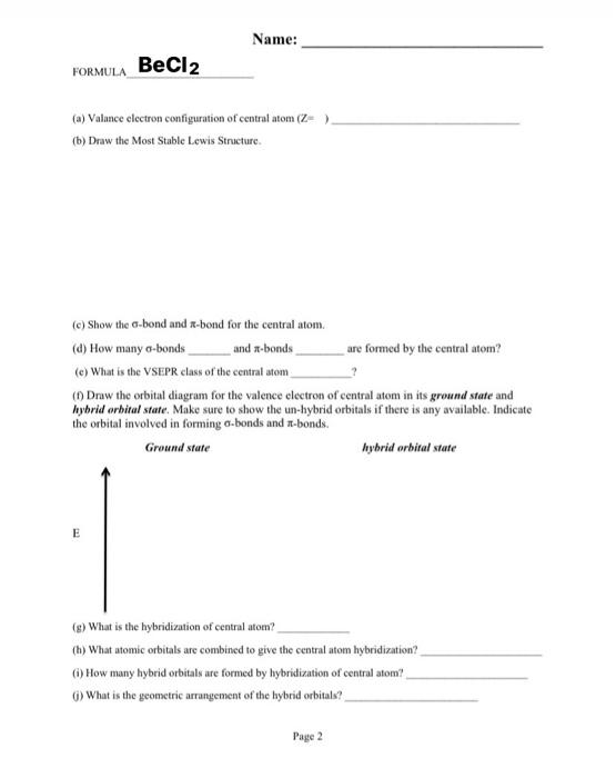 Solved Name: FORMULA BeCl2 (a) Valance electron | Chegg.com