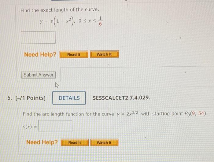 Solved Find the exact length of the curve. y = ln(1 – x2), o | Chegg.com