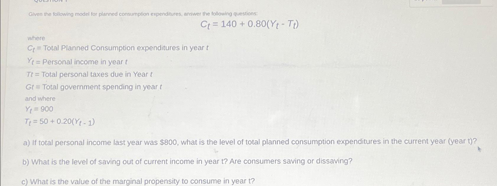 Solved Given the following model for planned consumption | Chegg.com