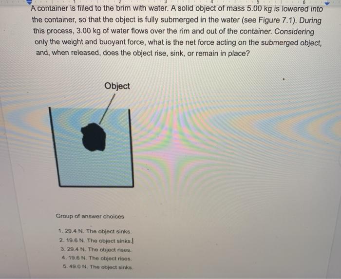 Solved A container is filled to the brim with water. A solid | Chegg.com