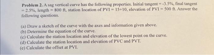 Solved Problem 2. A sag vertical curve has the following | Chegg.com